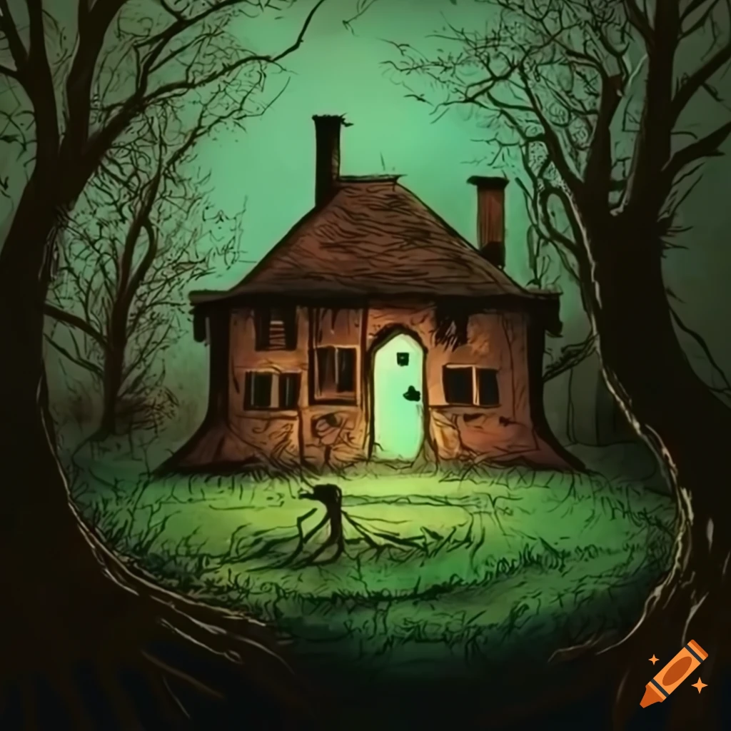 Tim burton style campain with a house and a tree on Craiyon