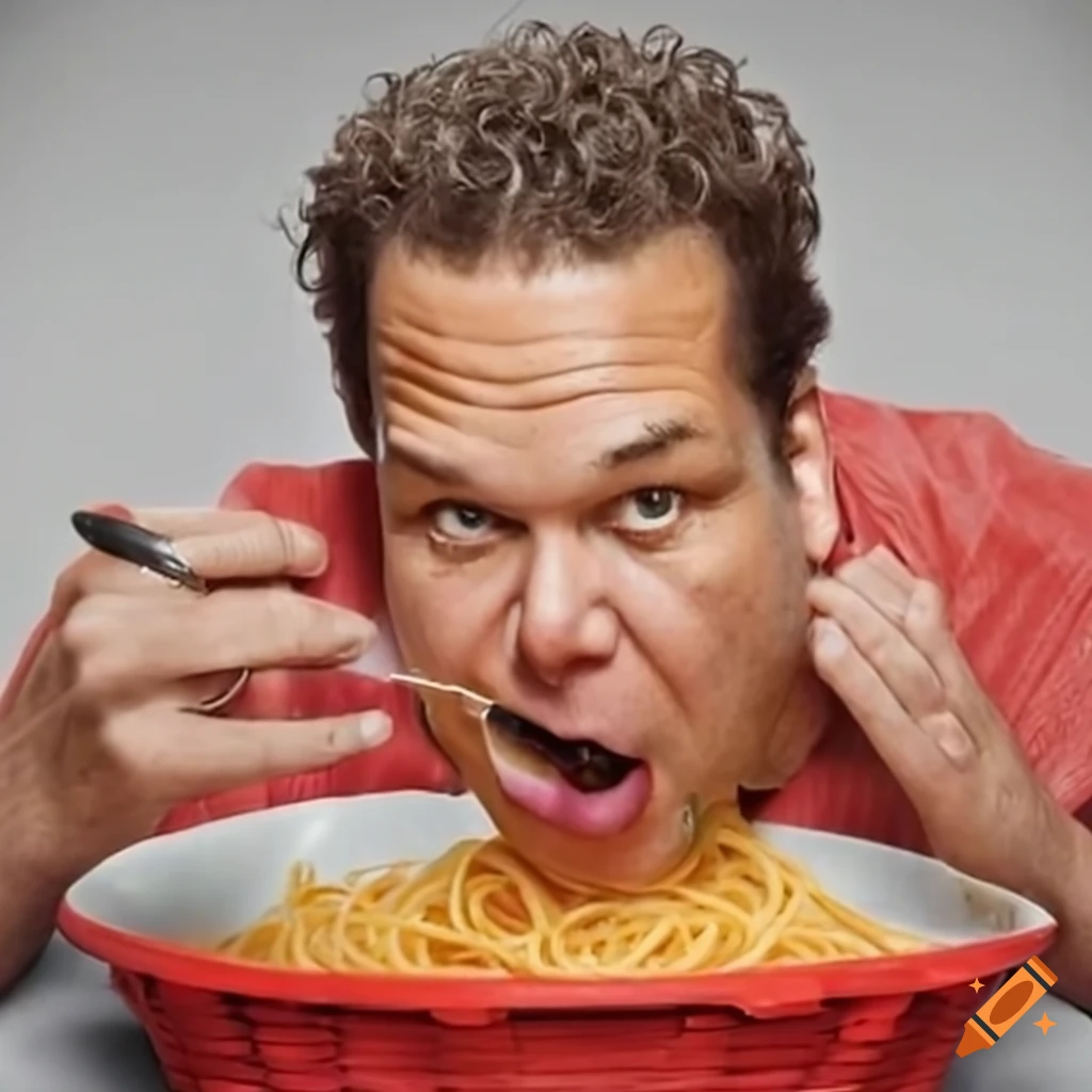 Comedian dane cook enjoying spaghetti in a red basket on Craiyon