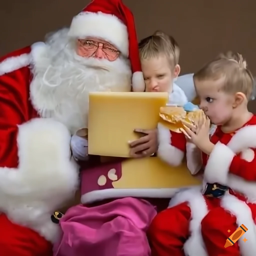 Santa eating a large block of cheese in front of children on Craiyon