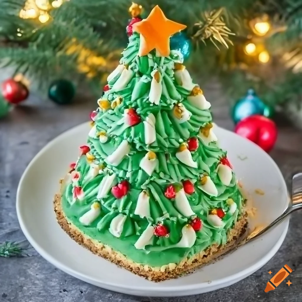 Christmas tree-shaped cake in vibrant colors on Craiyon