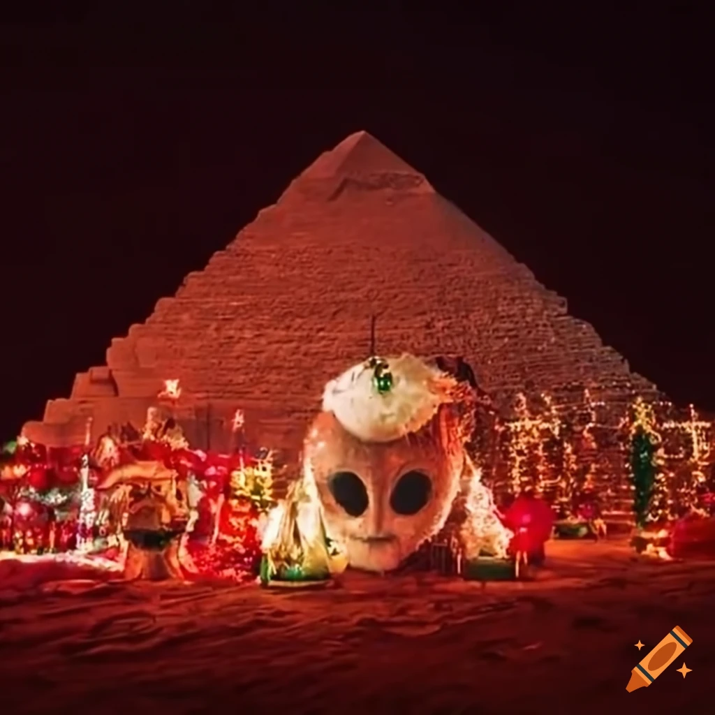 Great pyramid of Giza adorned with Christmas lights and an alien santa ...