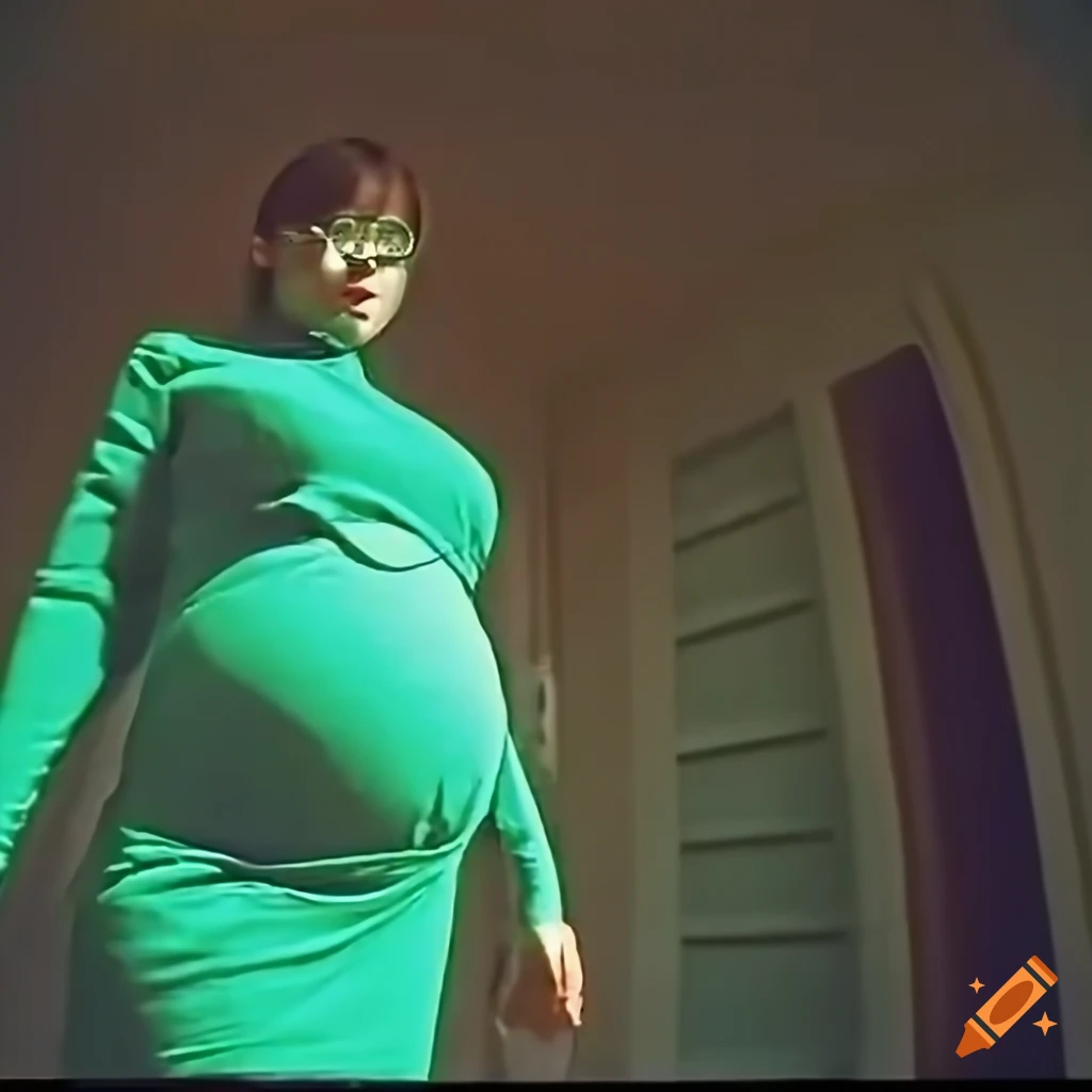 Japanese Pregnant Woman In Green Turtleneck Dress With Glasses 90s Vhs Style Photo Shoot On Craiyon