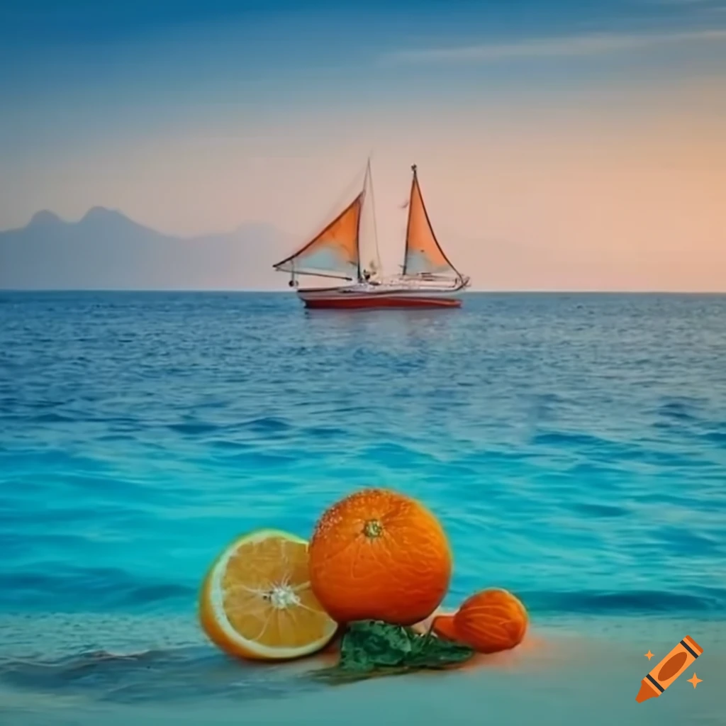 Oranges with a sailboat on a vibrant island beach on Craiyon