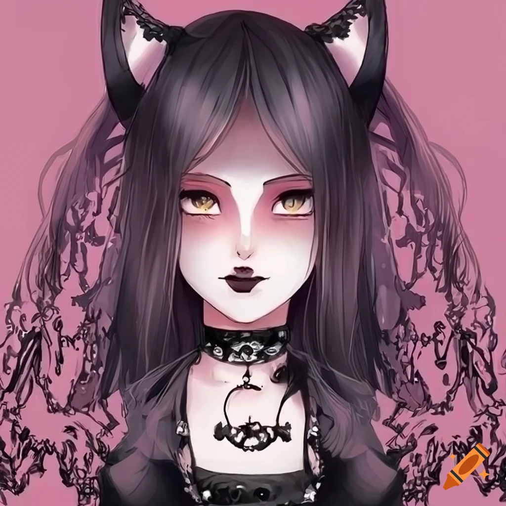 Anime traditional goth girl with dog ears on Craiyon