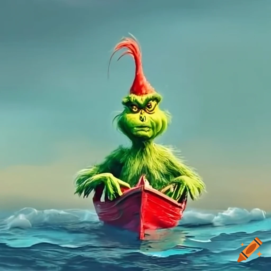 Grinch on a boat on the water on Craiyon