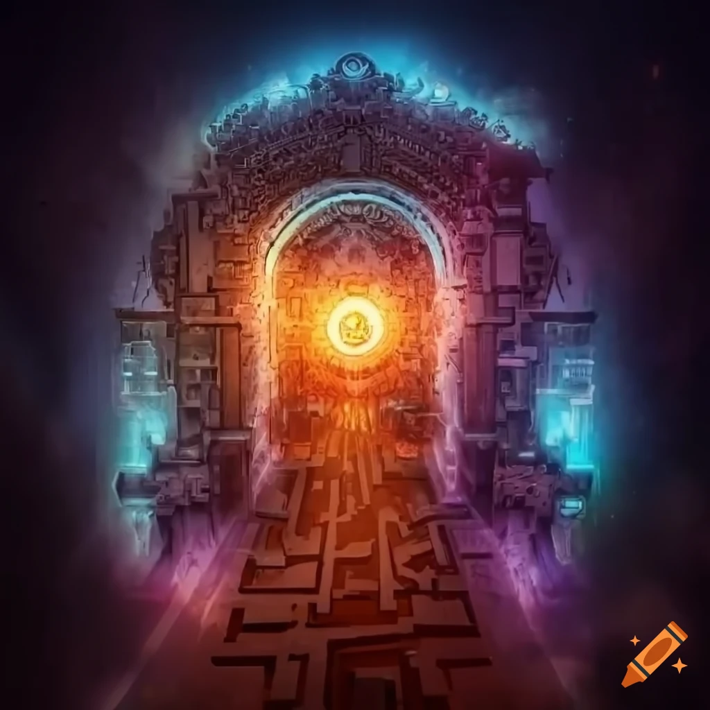 Magical maze with a locked gate and geometric symbols in fractured ...