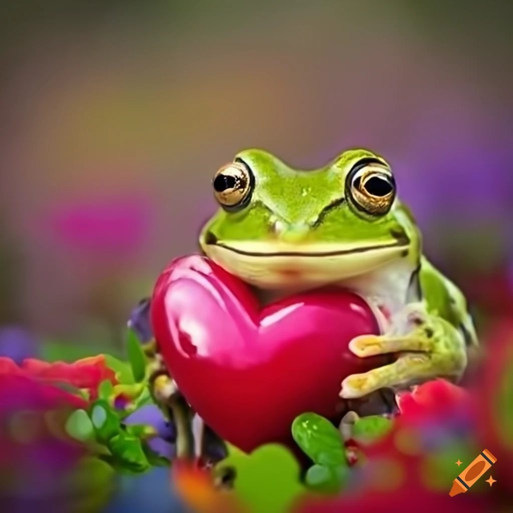 Adorable frog hugging a heart surrounded by colorful flowers in high ...