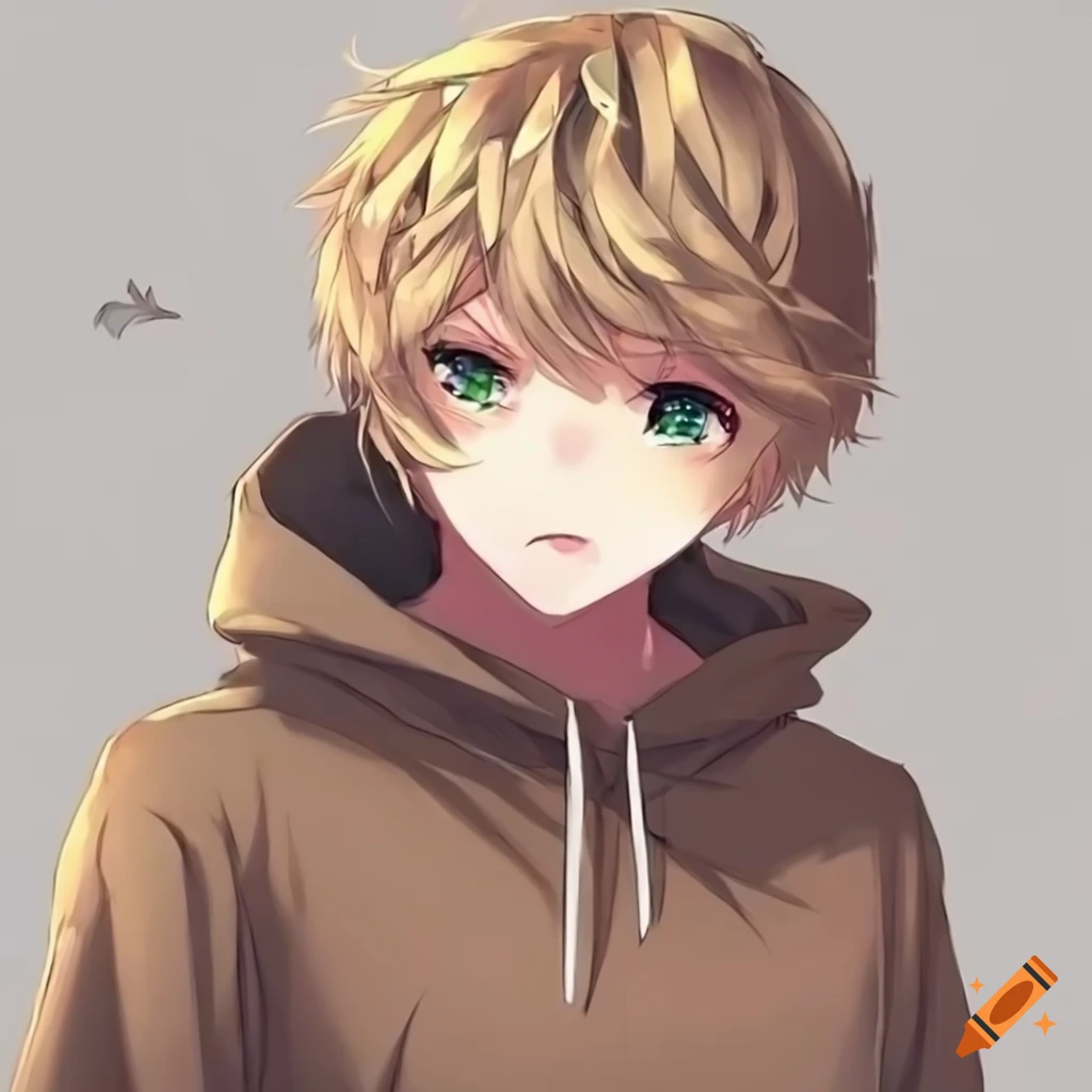 Anime boy with beige hoodie and short blonde hair on Craiyon