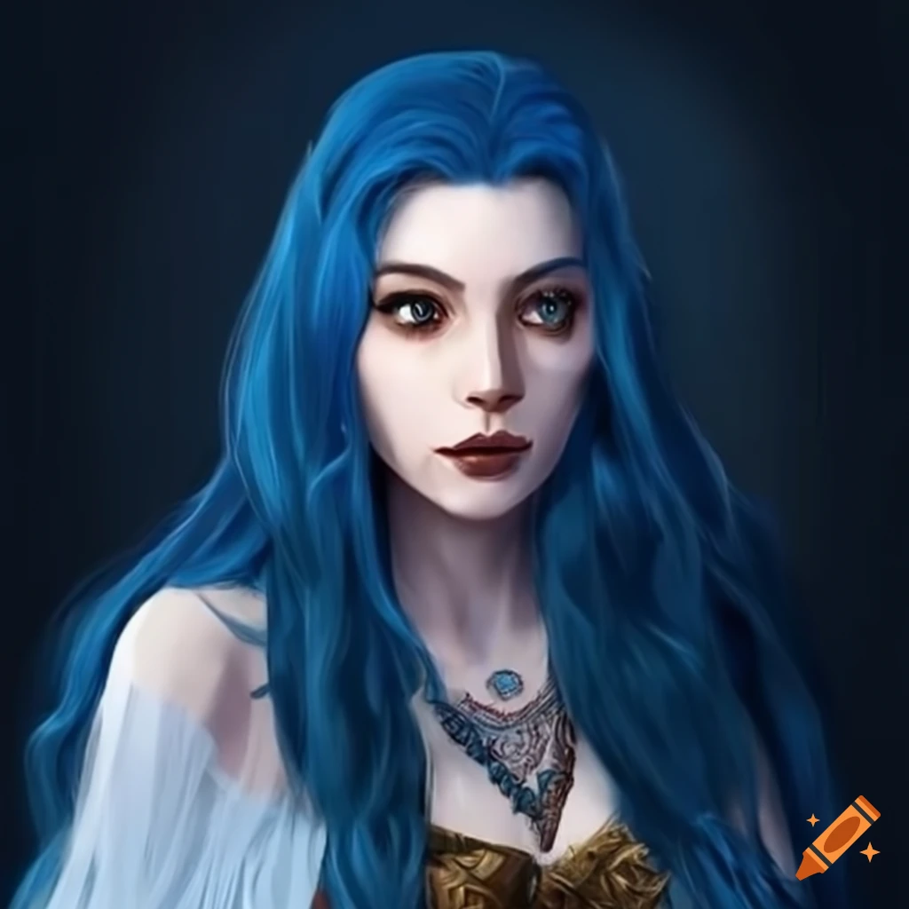 Portrait of a wise 25 year old wizard with deep blue long hair on Craiyon