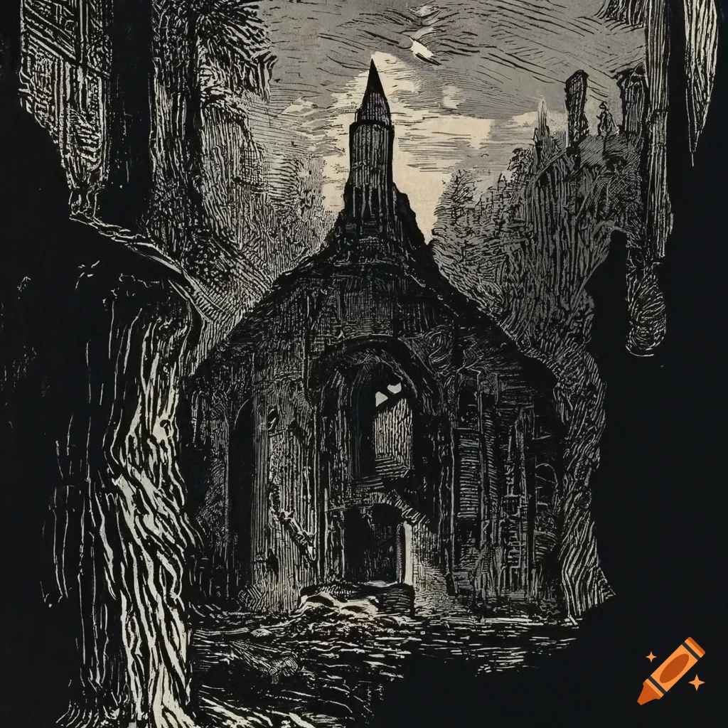 Creepy abandoned church ruins in a forest with mountains in monochrome ...