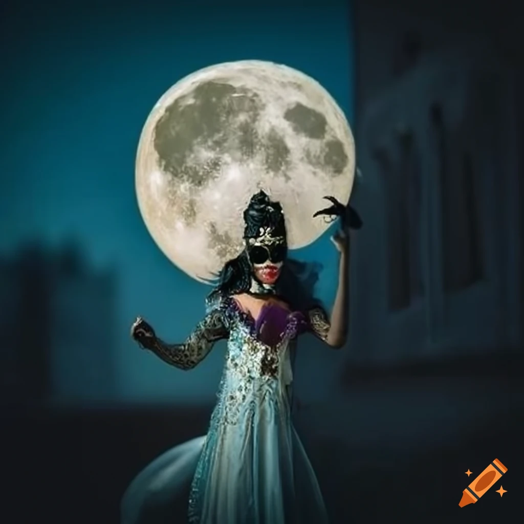 Woman walking on the moon with a venetian mask on Craiyon