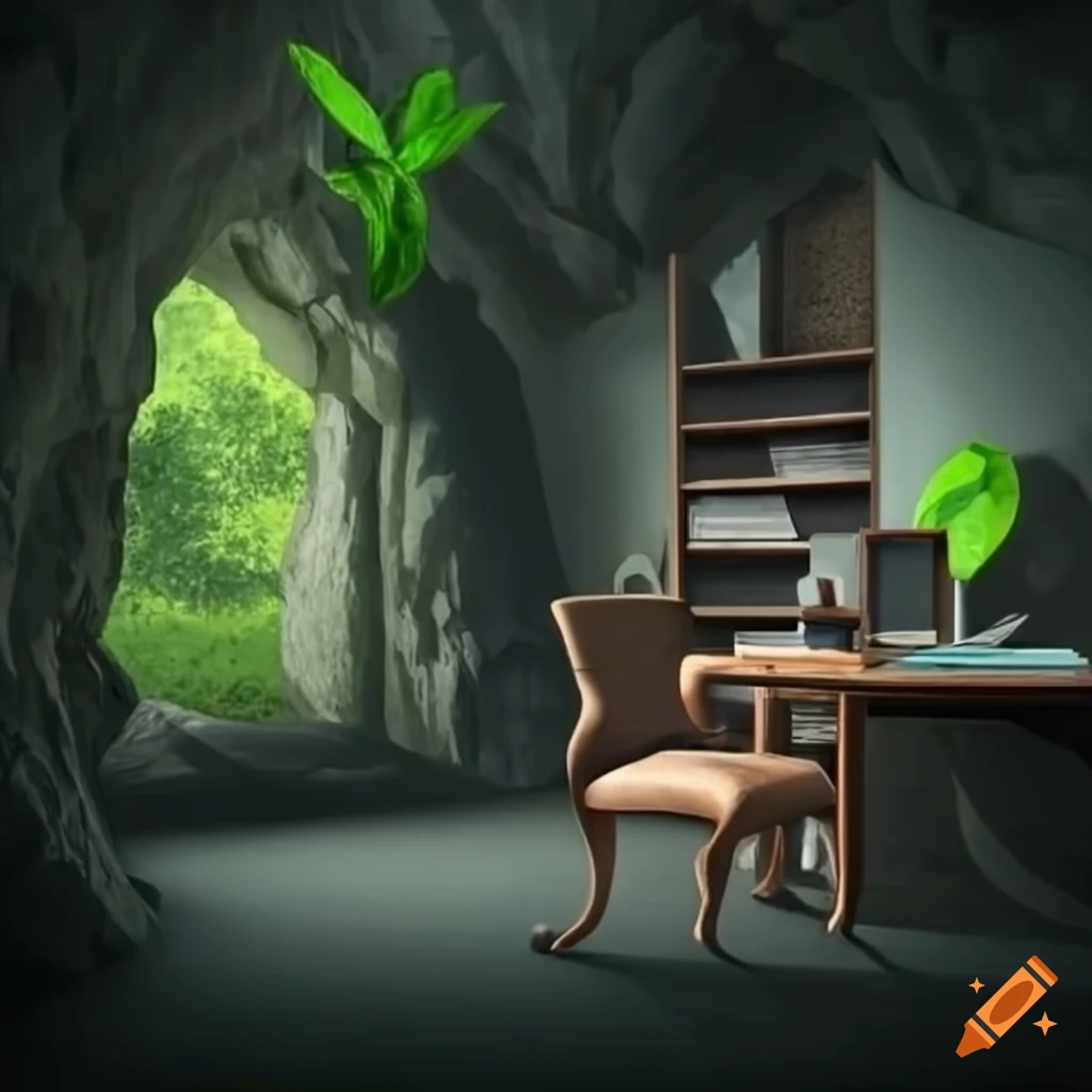 Office setup in a stone cave with a green plant on Craiyon