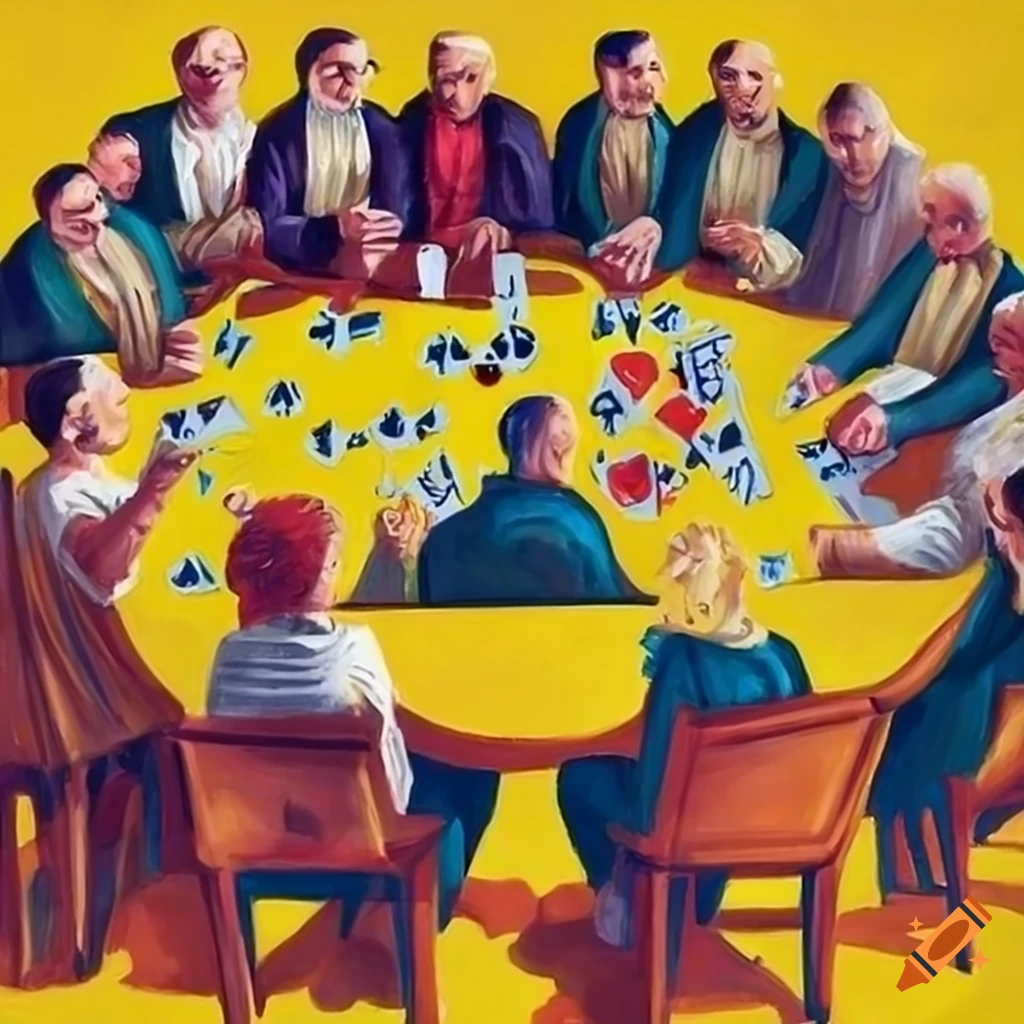 People sitting around a yellow table with playing cards in a painting ...