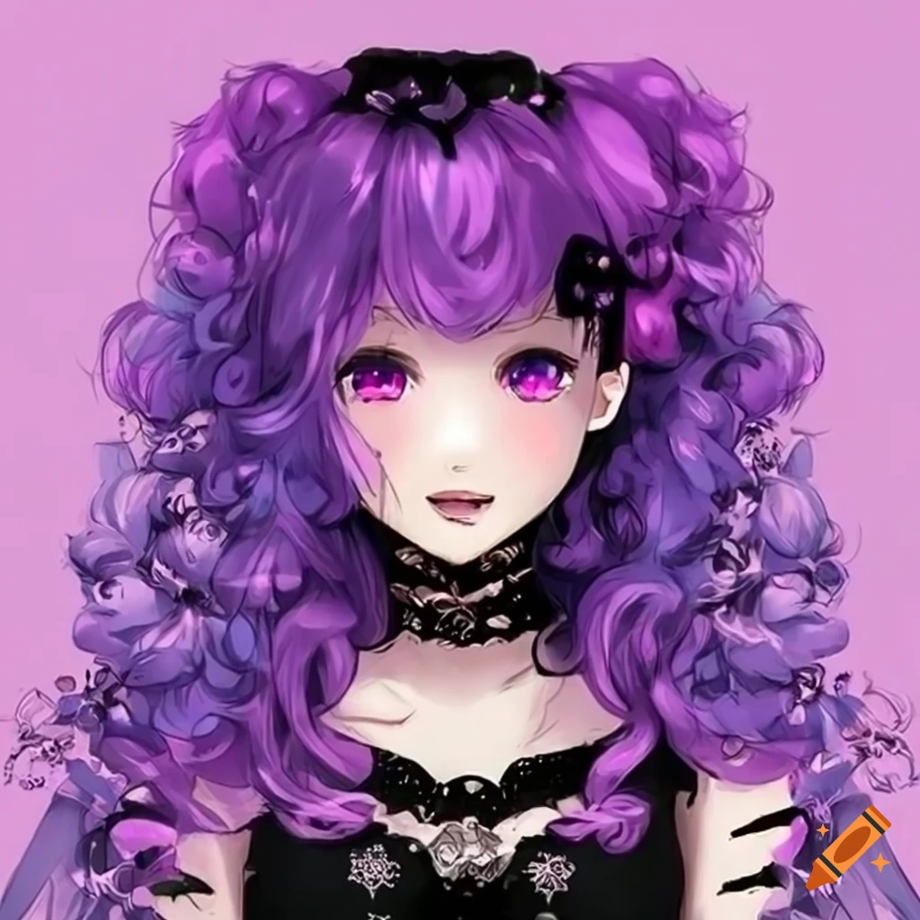 Cute gothic anime girl with purple curly hair on Craiyon