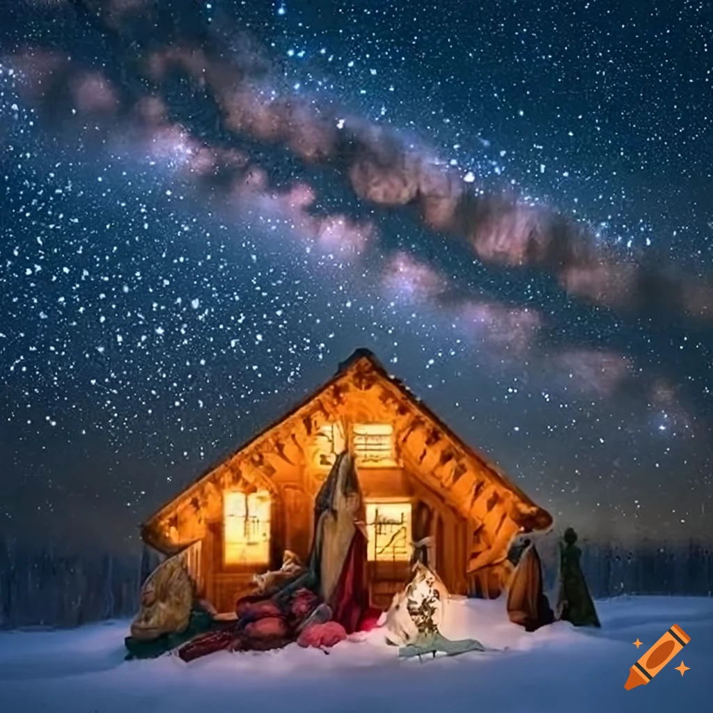 Cozy cabin with the Nativity scene, Christmas lights, and starry sky on ...
