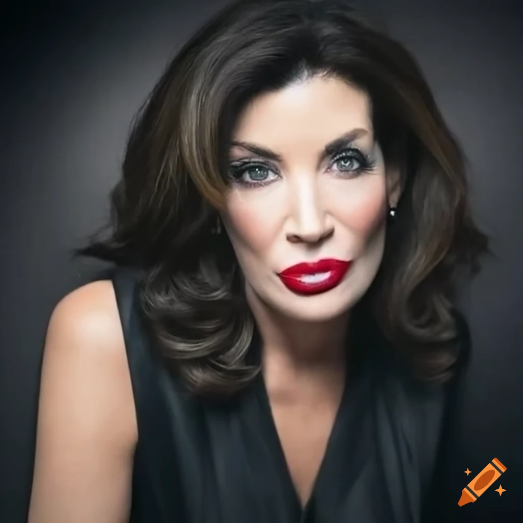 Beautiful actress Kathy Hochul with long black hair in black leather ...