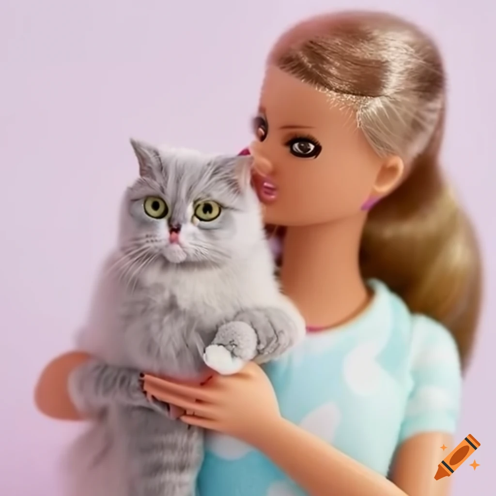 Barbie holding a fluffy grey cat with a white face and a pink nose on ...