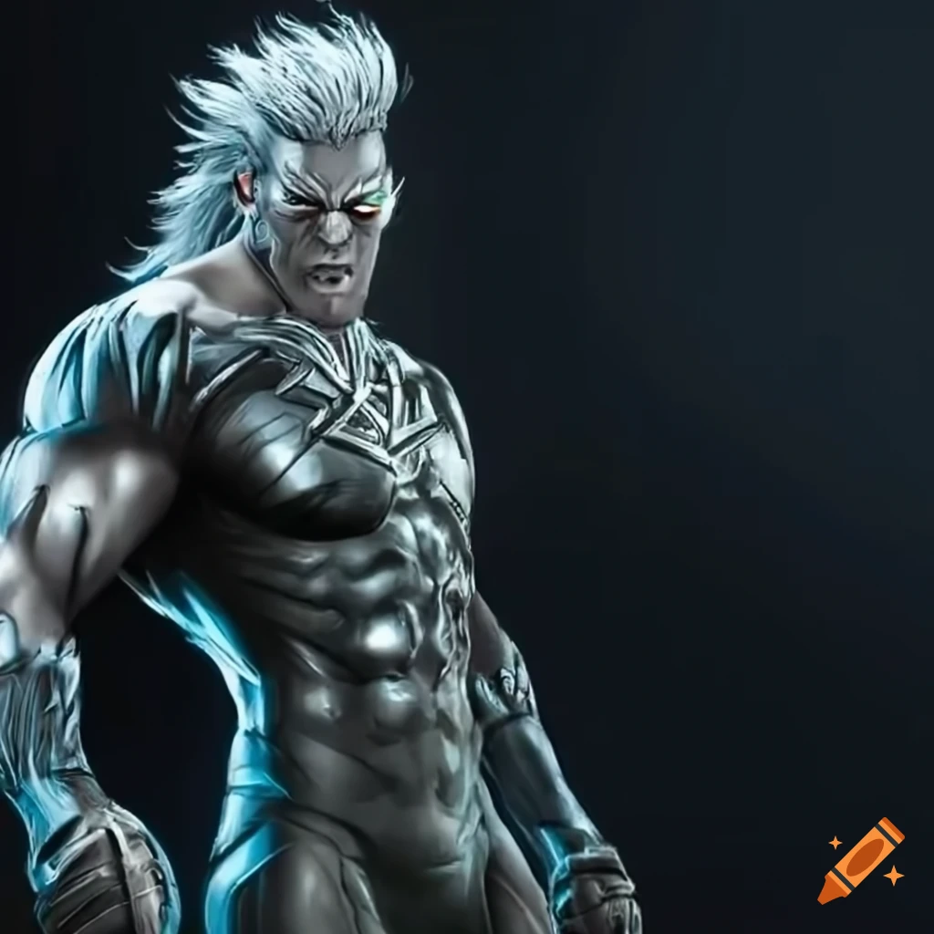 Savage superhero with metallic silver skin and flowing knotted silver ...