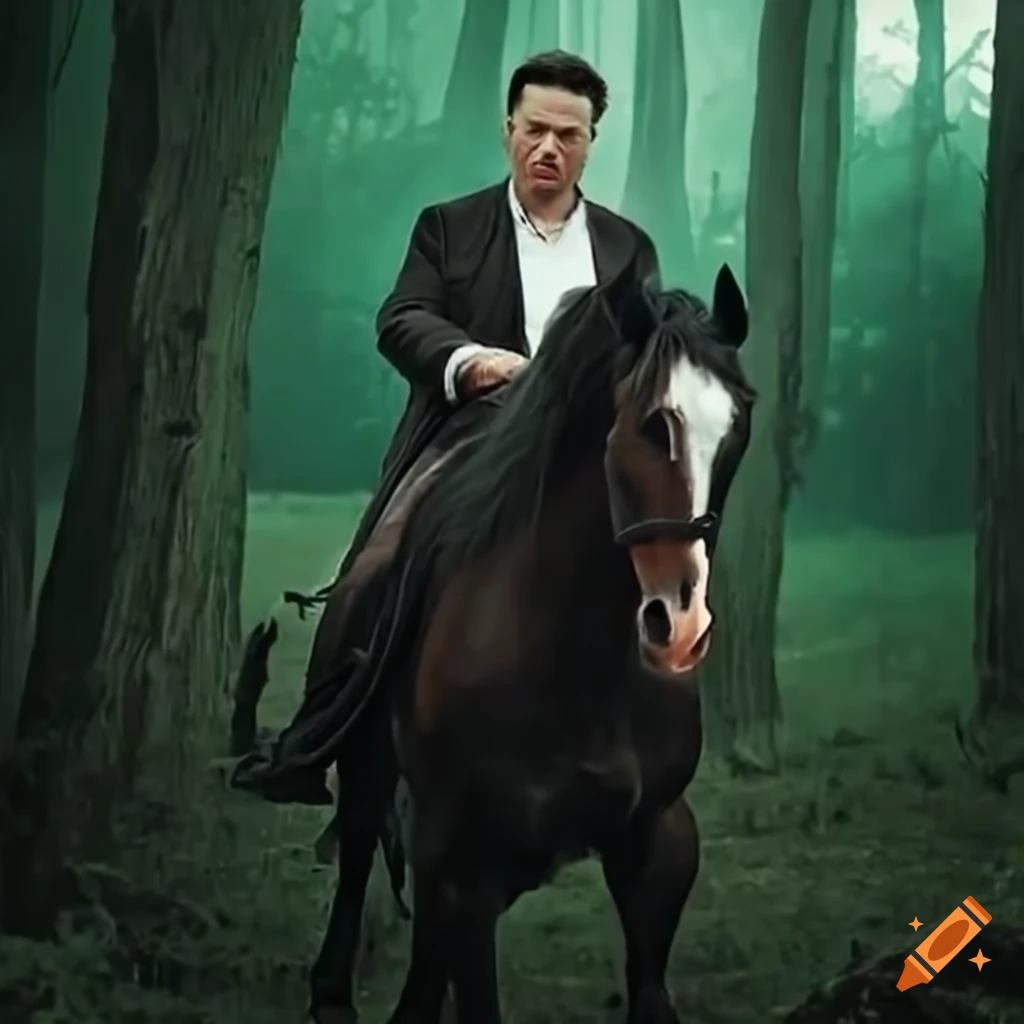 Elon musk riding a horse in the woods on Craiyon