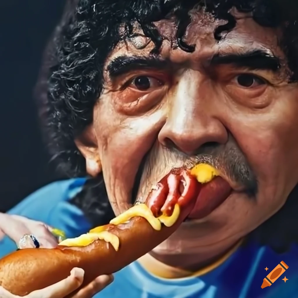 Diego maradona enjoying a hot dog in hyper-realistic style on Craiyon