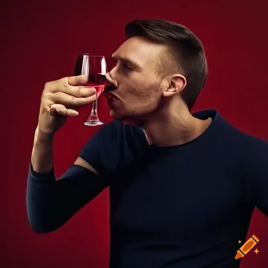 Kevin tasting red wine for the first time at a party on Craiyon