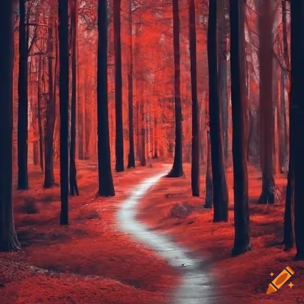 Path through a vibrant red forest on Craiyon