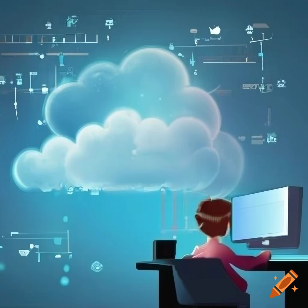 Illustration of a computer scientist at a desk surrounded by cloud ...