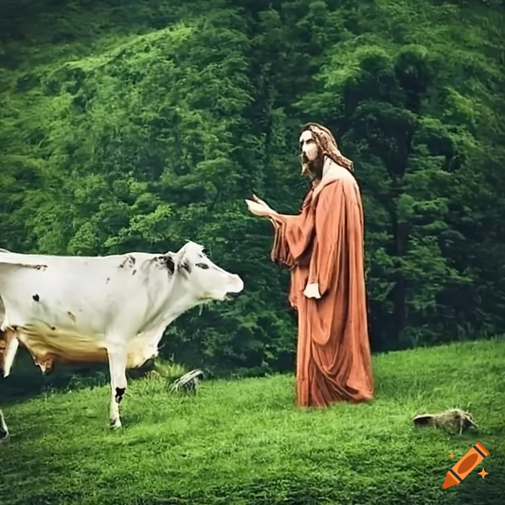 Jesus tending to a cow in a lush farm surrounded by nature on Craiyon