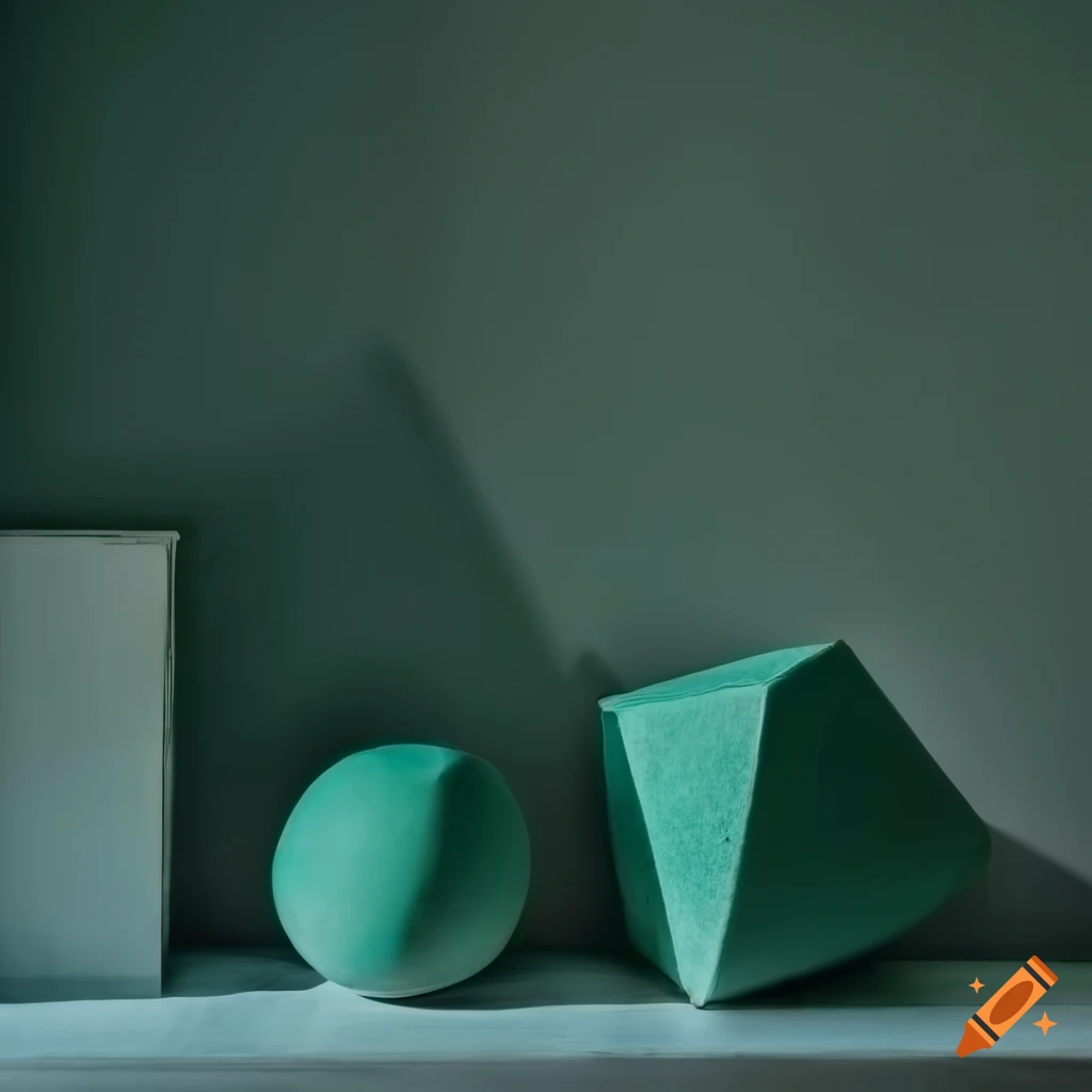 Geometric objects on shelf in dark hotel room with shadows on Craiyon