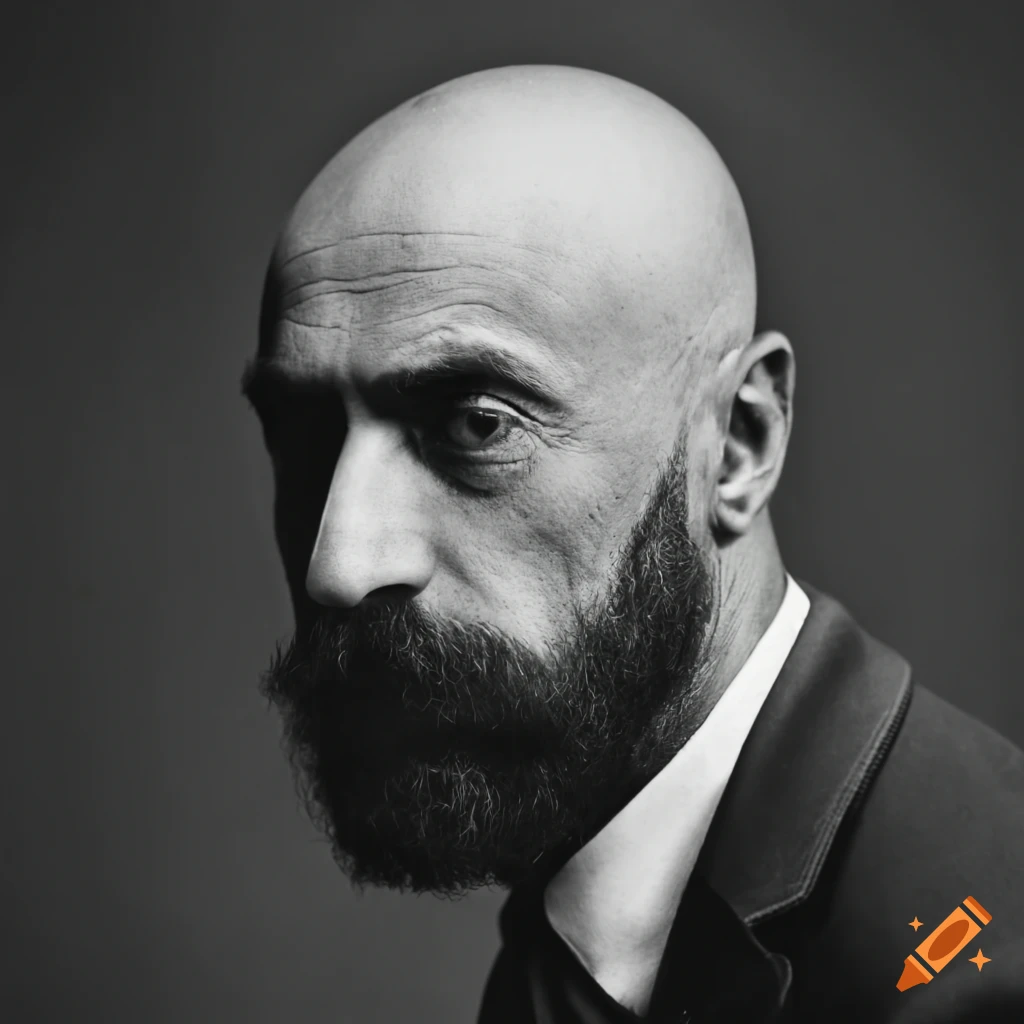 Black and white photograph of bald male french novelist on Craiyon