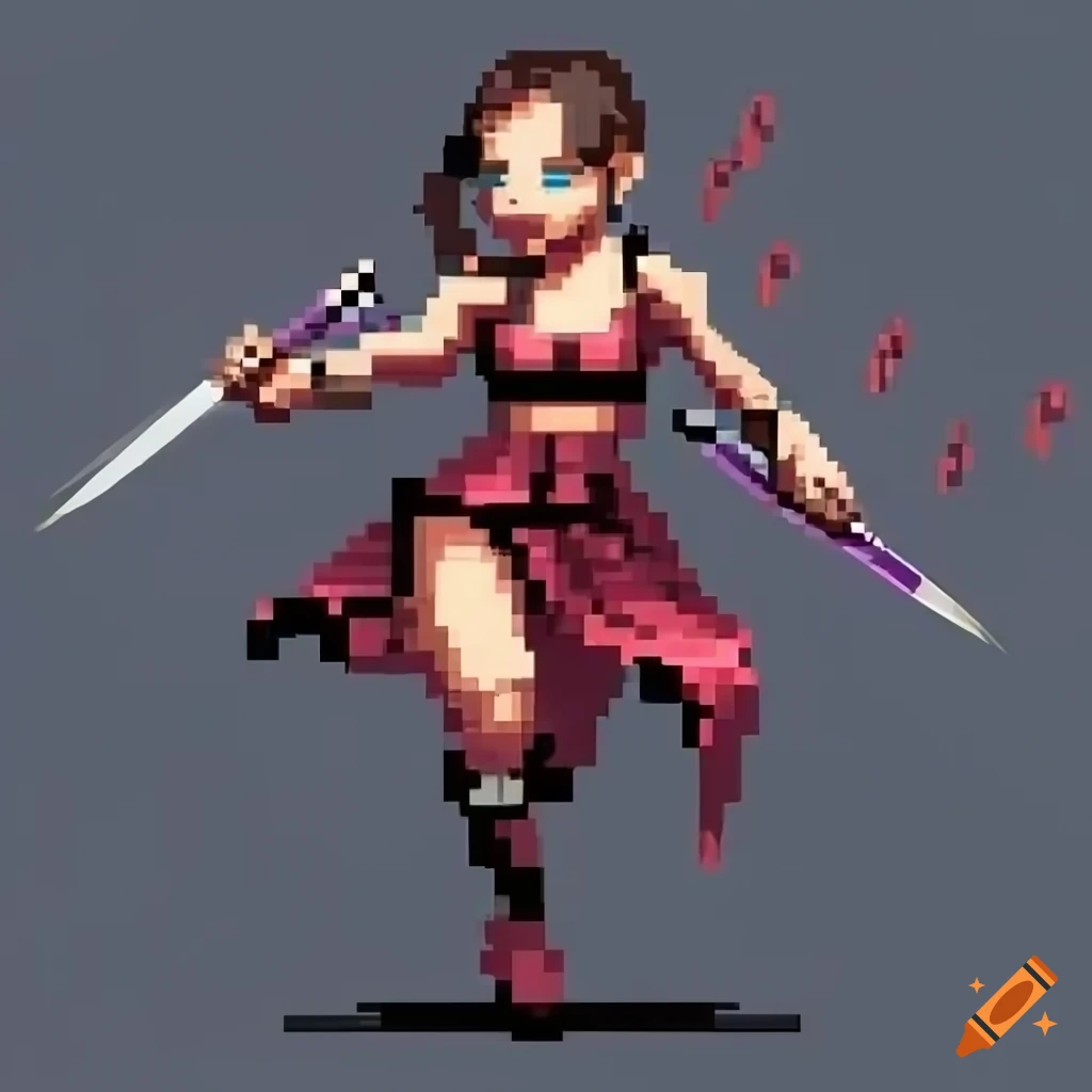 Female warrior performing sword attack in sprite sheet animation on Craiyon