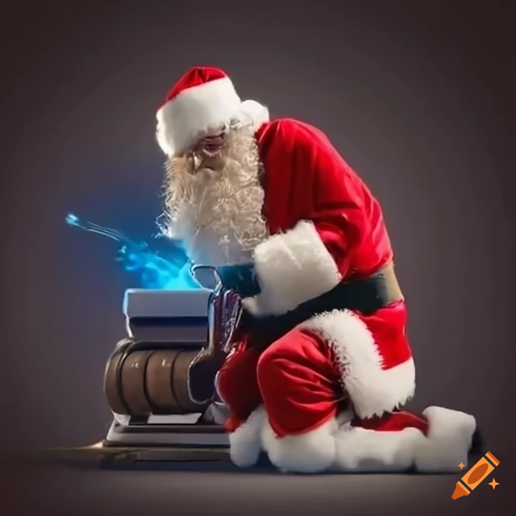 Santa claus repairing his sleigh with a welder on Craiyon