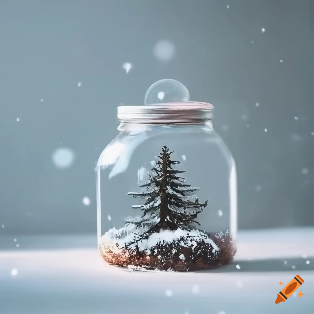 Snowy pine tree terrarium in a misty and dreamy setting on Craiyon