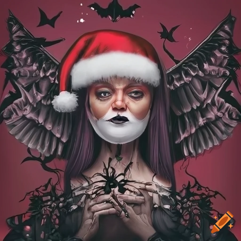 Gothic santa e-card with bats, spiders, and boney wings on Craiyon
