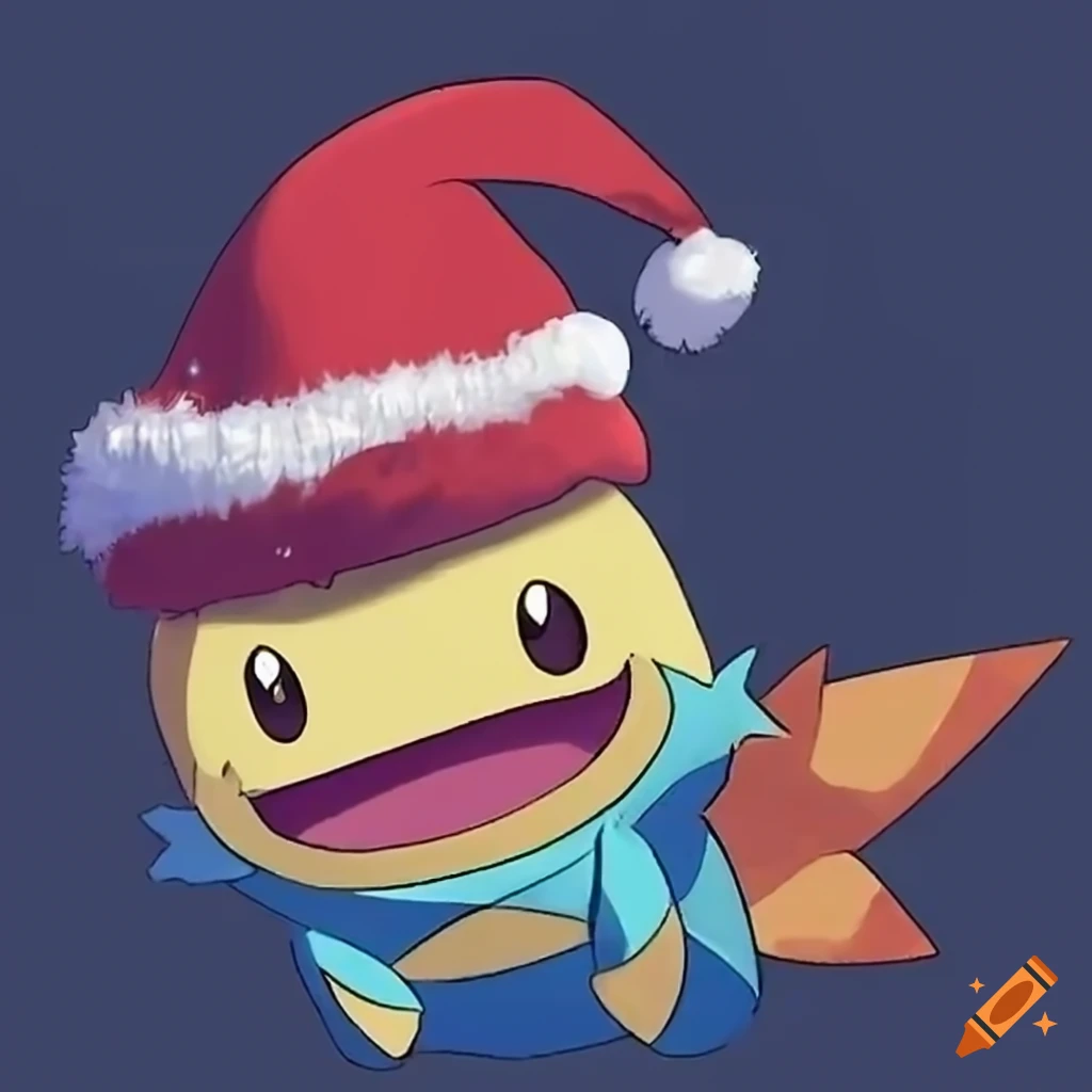 Mudkip wearing a Christmas hat next to fire on Craiyon