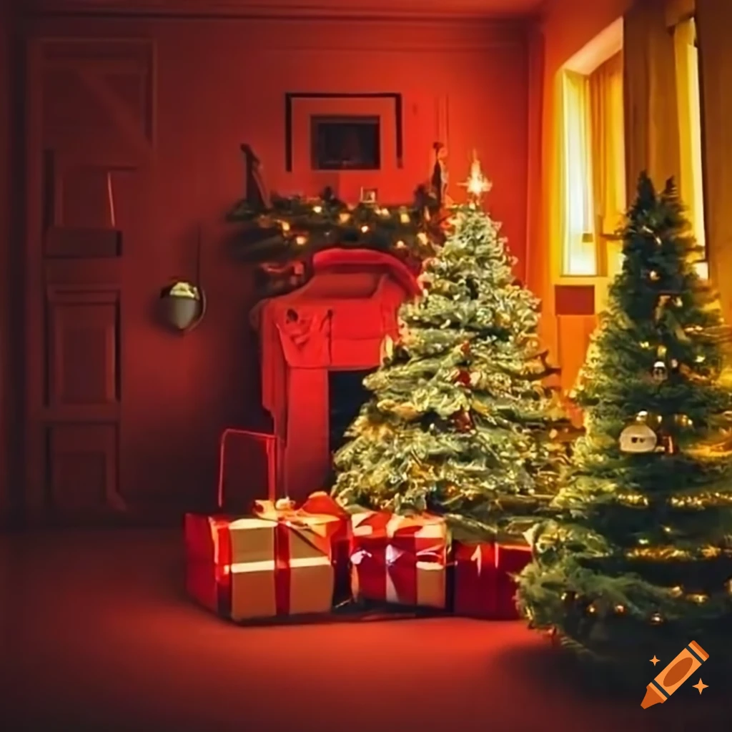 View of a chamber full of talking christmas trees with red and yellow ...