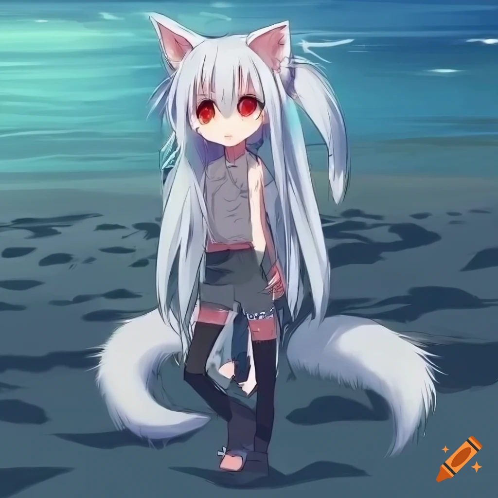 Holo and Myuri on the beach with wolf cyclops on Craiyon