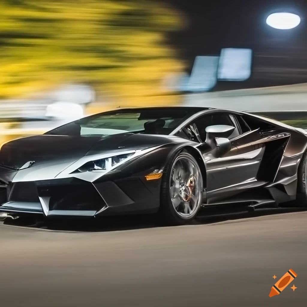 Black lamborghini with lights on speeding on a night road on Craiyon