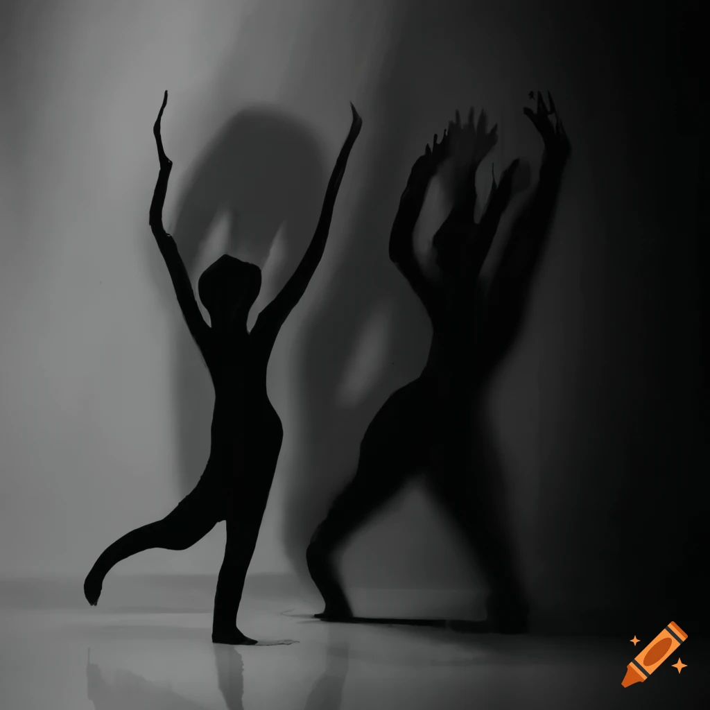 Black and white painting of dancing shadows on Craiyon