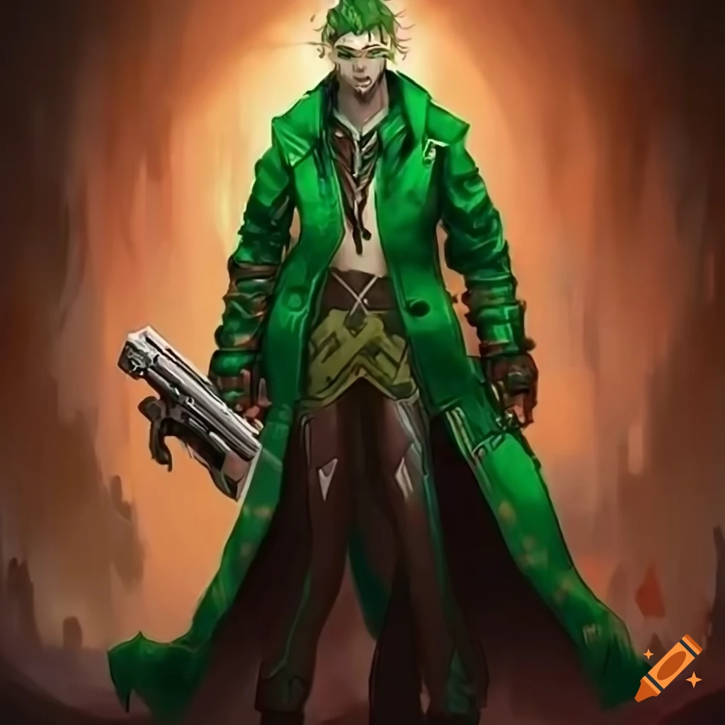 Fashionable elf with cybernetic eyes shooting a silver revolver in a ...