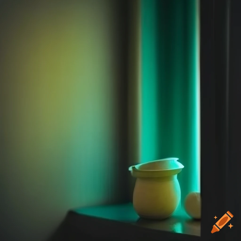 Large light green and light yellow unique solid objects on shelf in an ...