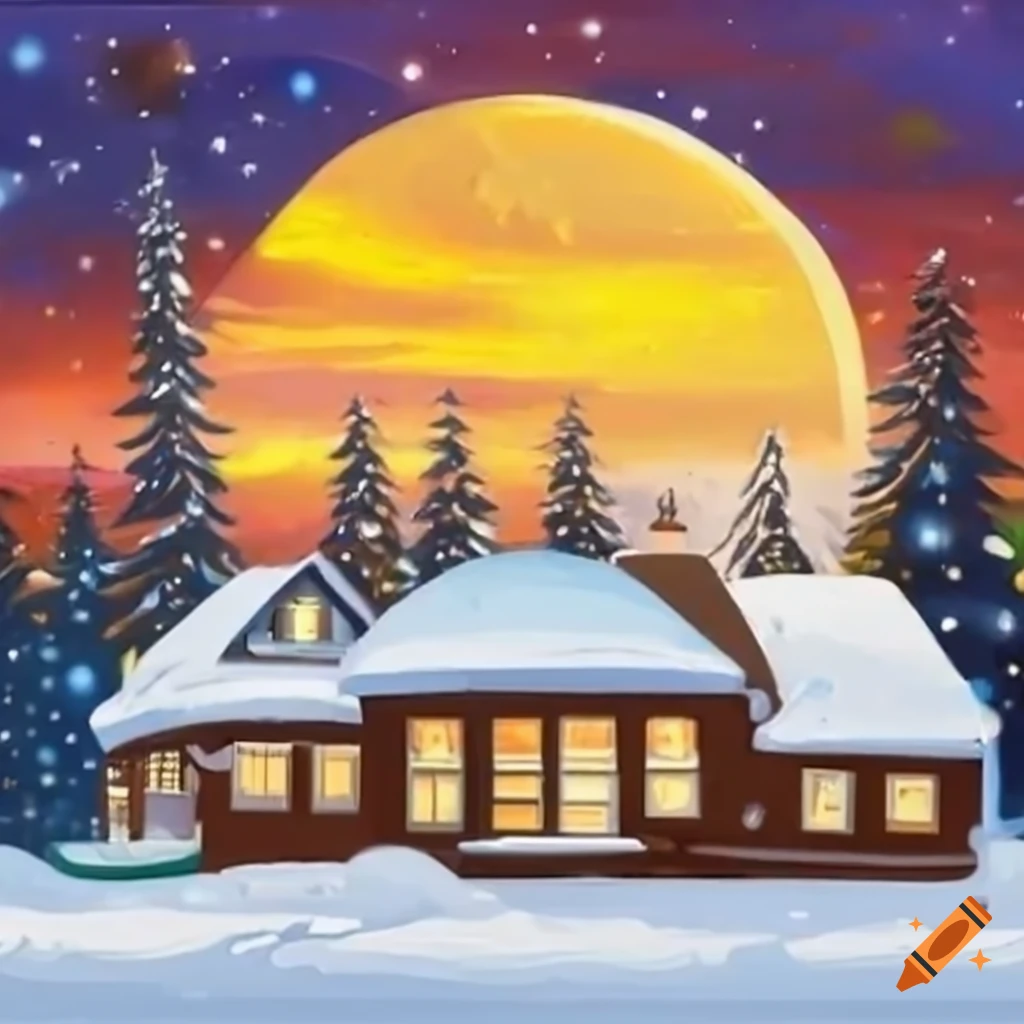 Snow-covered house with festive decorations during sunset and northern ...