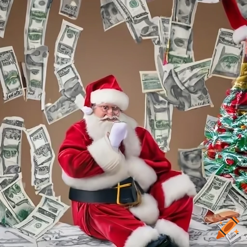 Santa claus surrounded by flying money on Craiyon