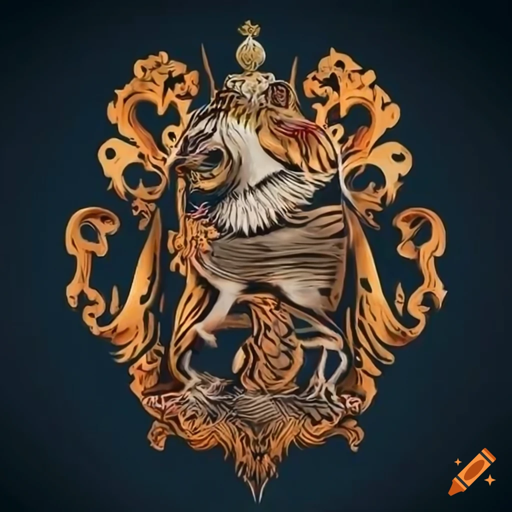 Balanced scale crest with tiger on one side and horse on the other on ...