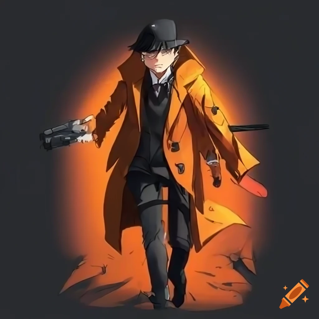 Anime guy in an orange trench coat running with a black rifle on Craiyon