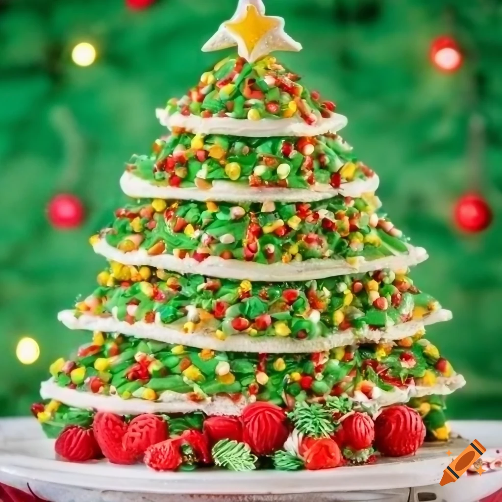 Christmas tree-shaped cake in vibrant colors on Craiyon