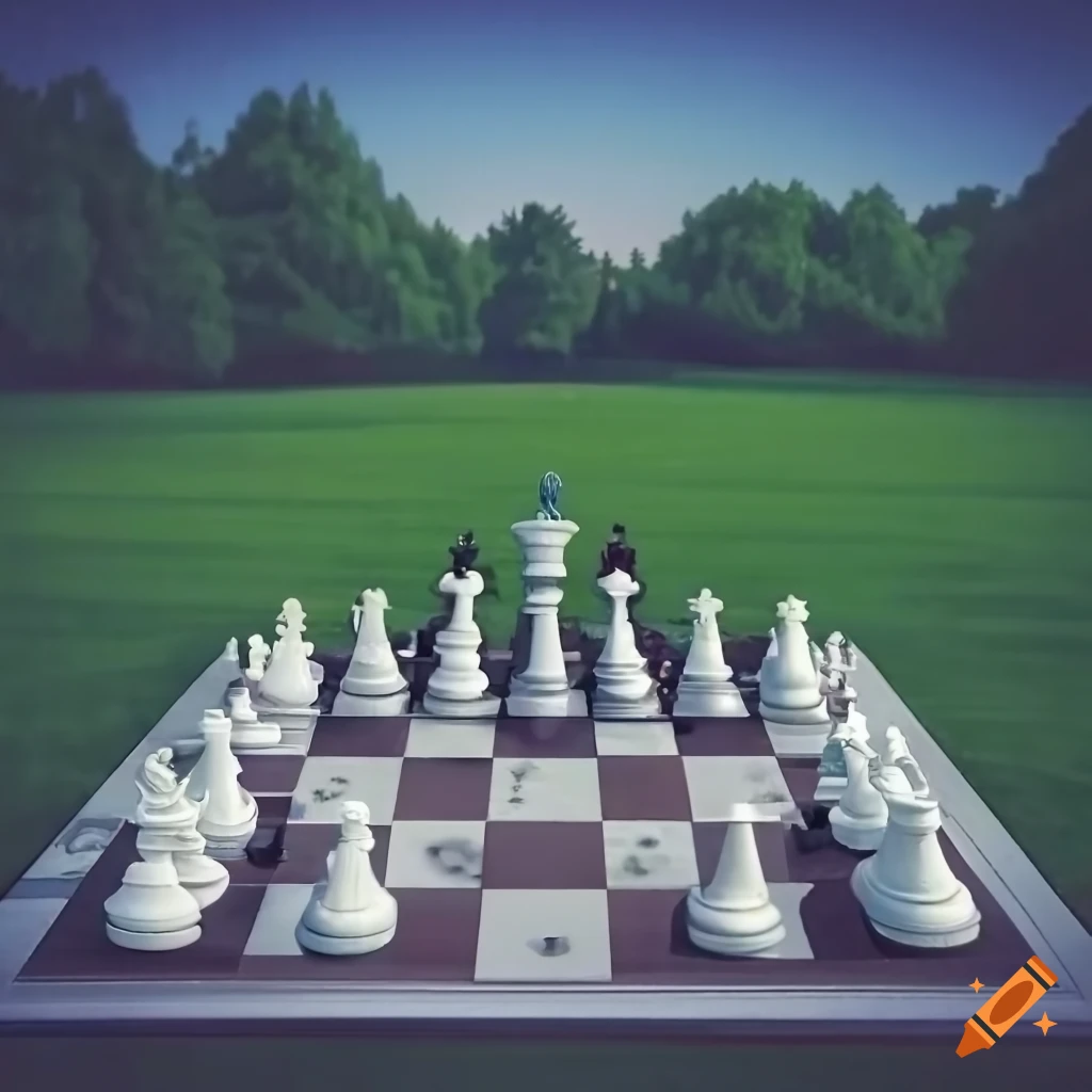 Dreamlike romantic chess game in a park with beautifully lit pathways ...