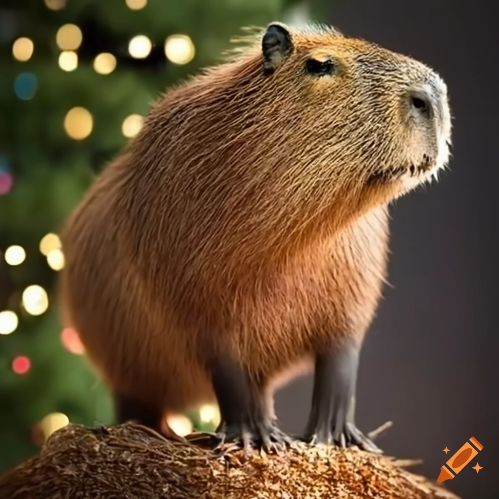 Capybara resting beneath a christmas tree on Craiyon