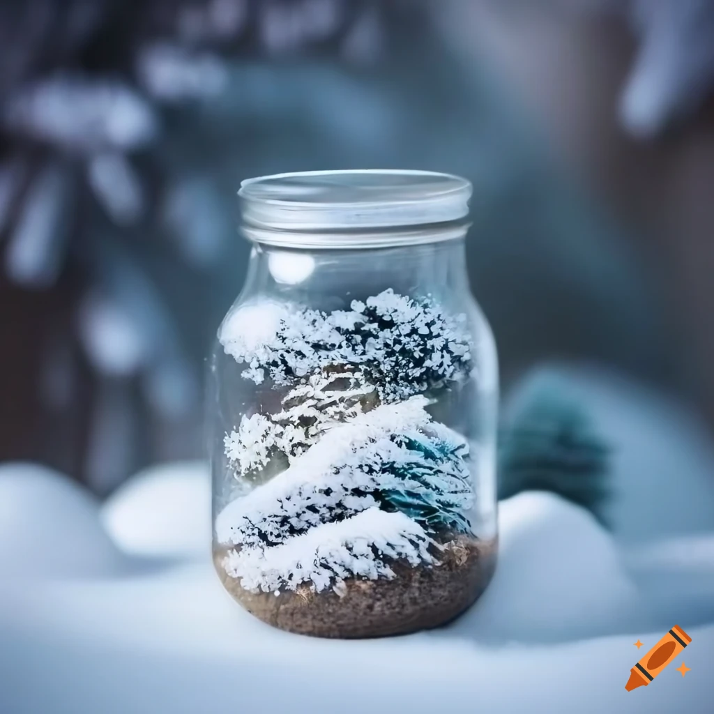 Snowy pine tree terrarium in a misty, dreamy setting on Craiyon