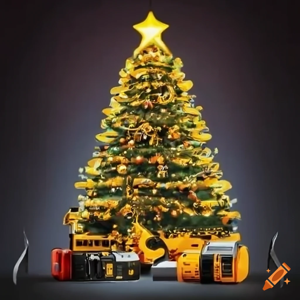 Christmas tree decorated with dewalt tools on Craiyon